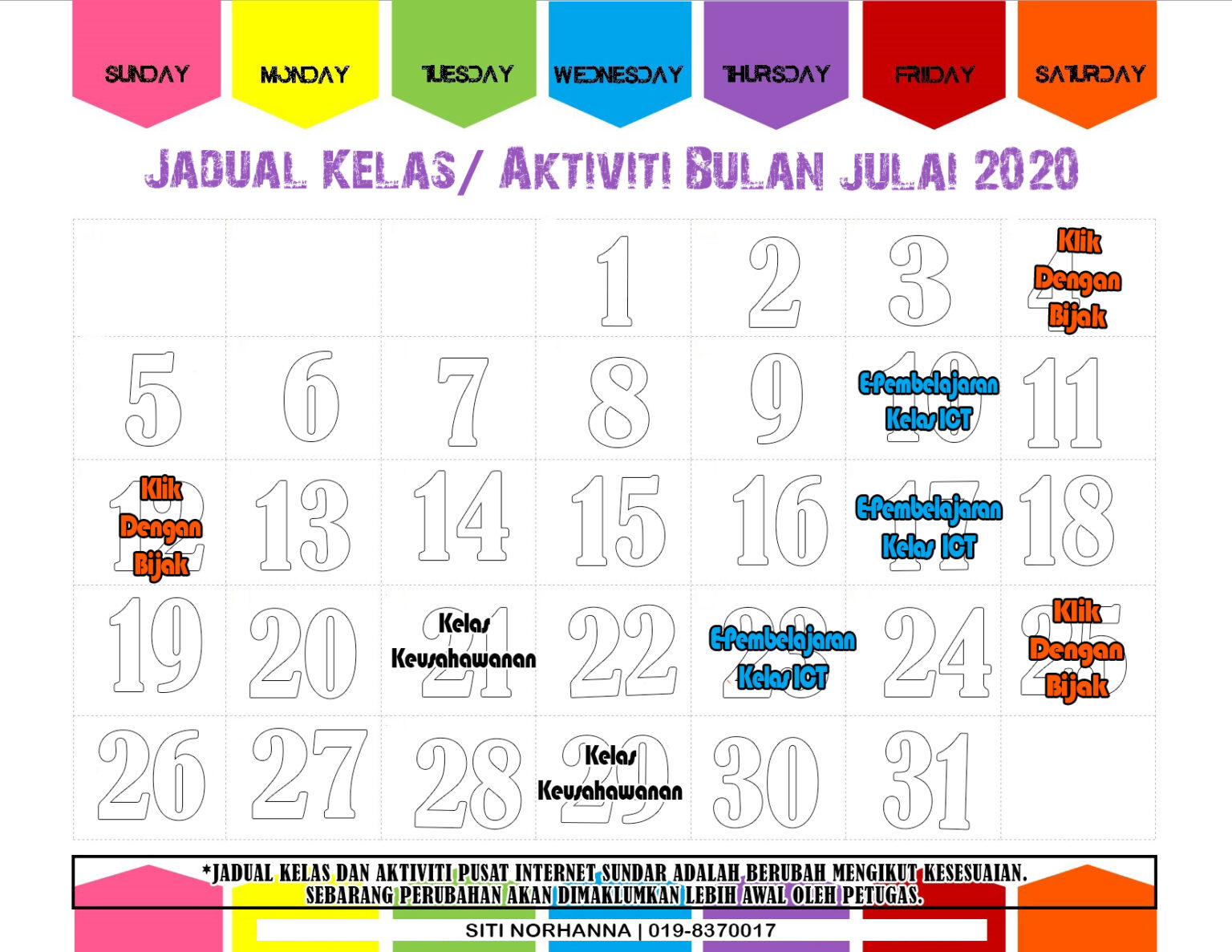 Jadual Aktiviti & Kelas Bulan Julai 2020 – NADI Sundar